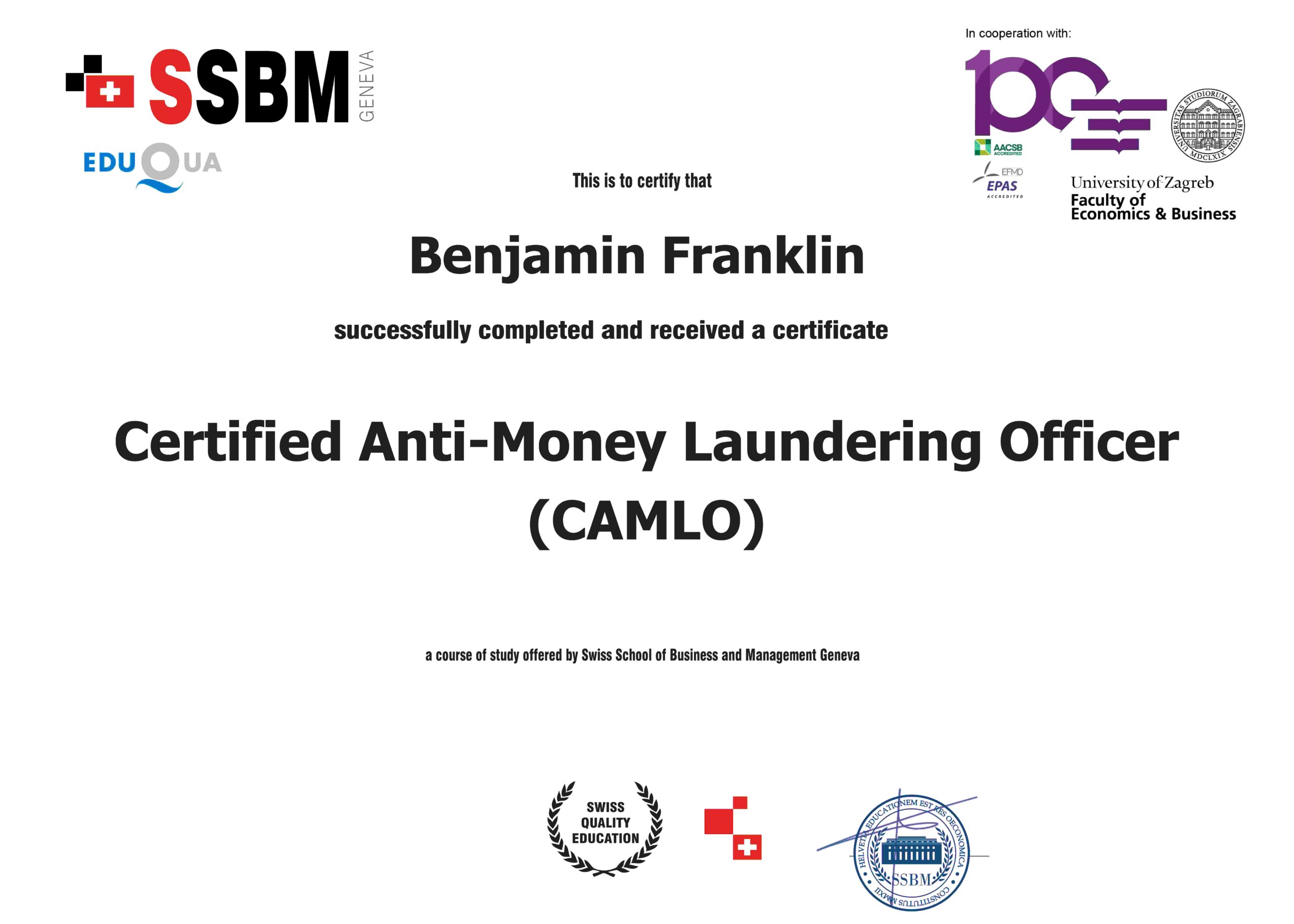 Certified Anti-Money Laundering Officer (CAMLO) - Swiss School of ...